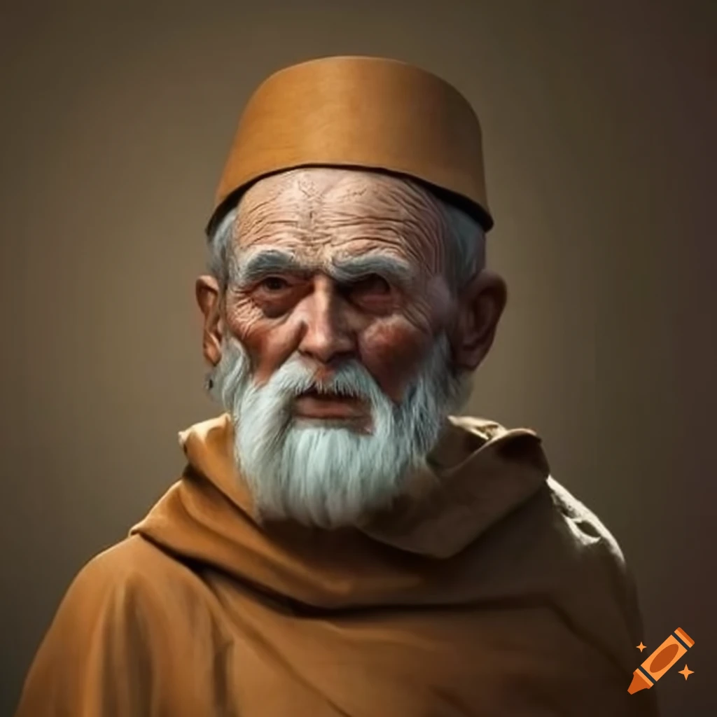 Spanish old man benedictine blind monk in traditional robe on Craiyon