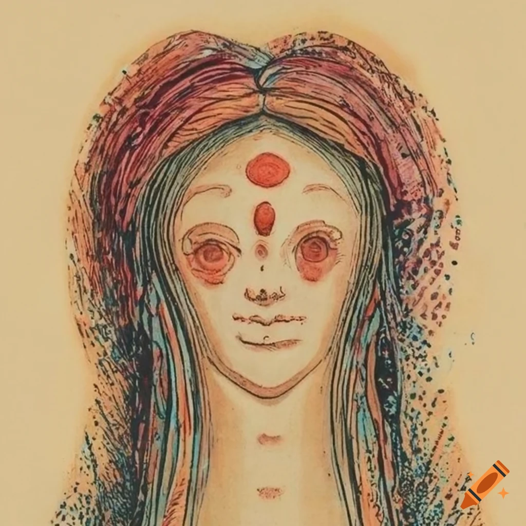 William Blake style tantric woodblock print crayon drawing of a curvy ...