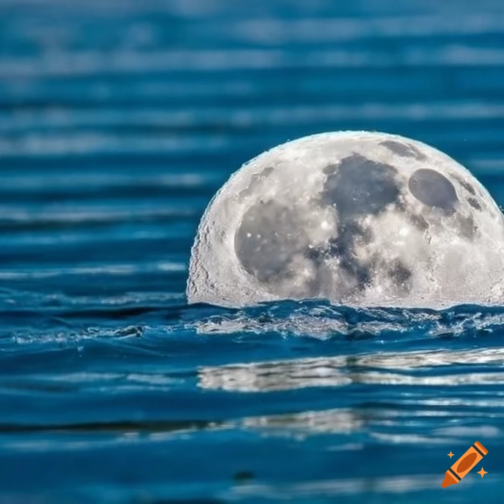 Miniature moon reflection in a lake in a close-up photo on Craiyon