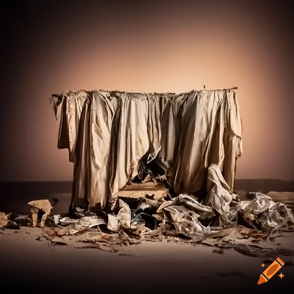 Pile of junk and garbage covered with a drapery in a dramatic landscape ...