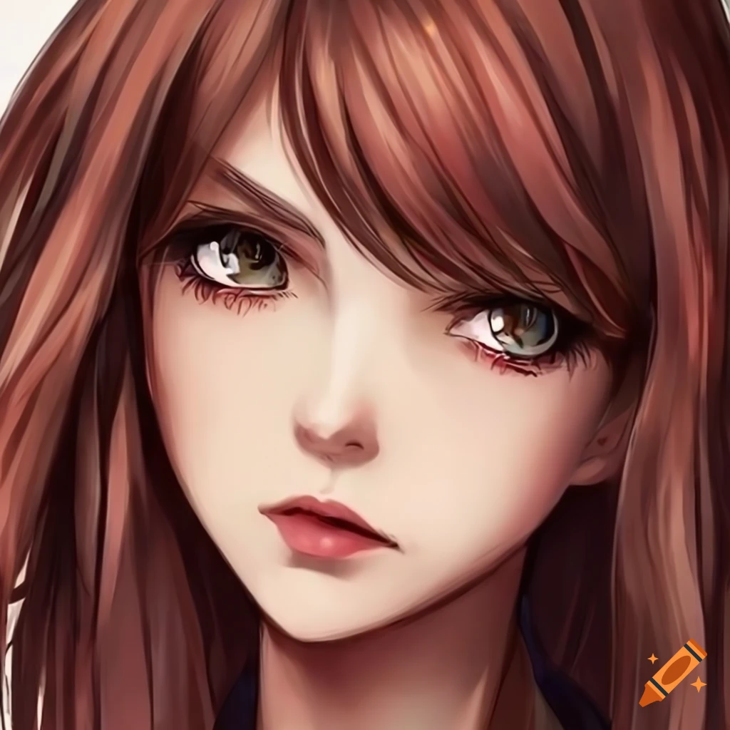 Anime girl with brown hair, hazel eyes, and red highlights on Craiyon