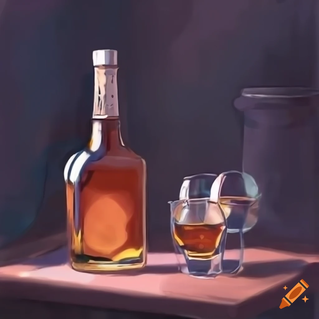 Anime-style still life of whiskey bottle and glasses with a soft ...