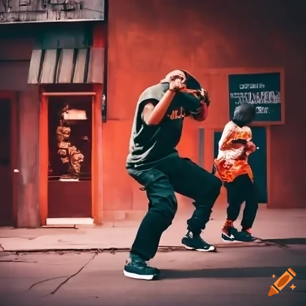 Stylish rappers freestyling in front of an urban corner store on Craiyon