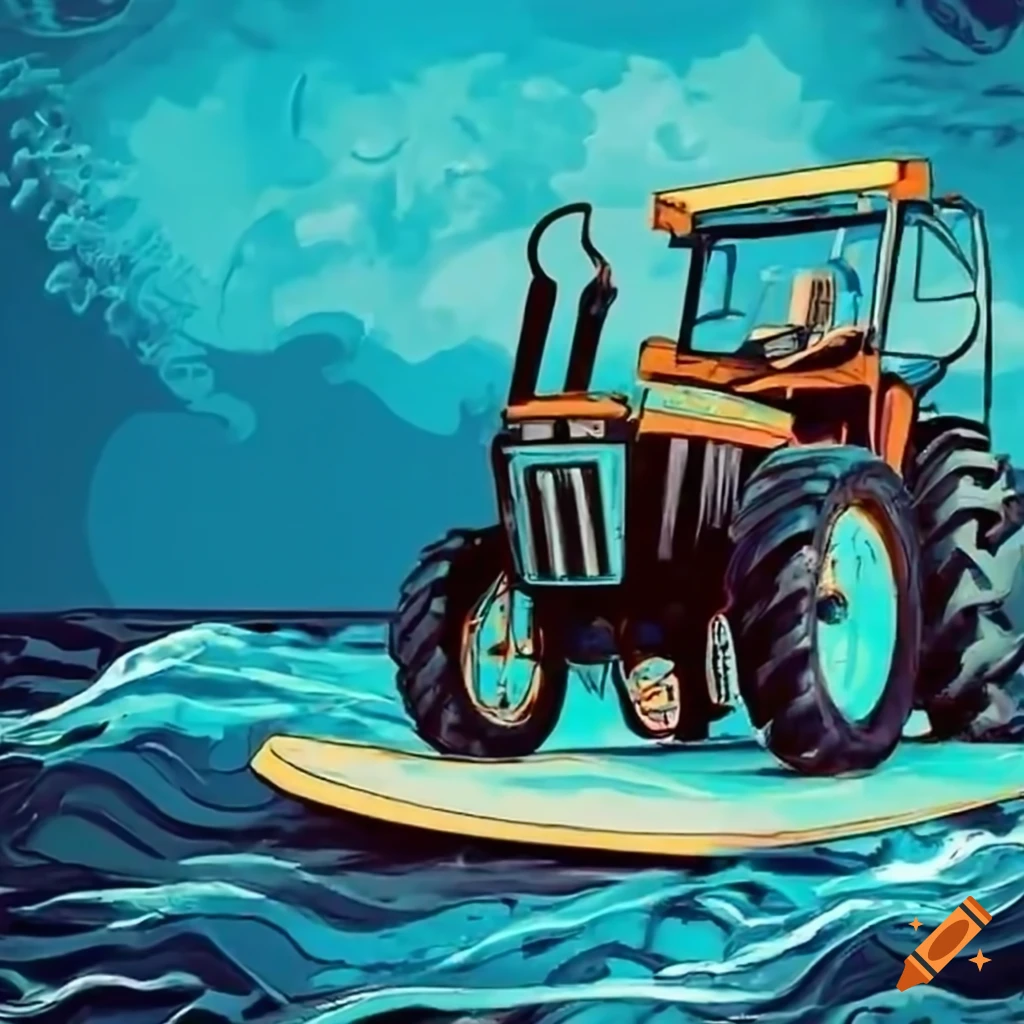 Tractor surfing on a board in the ocean in ink style on Craiyon