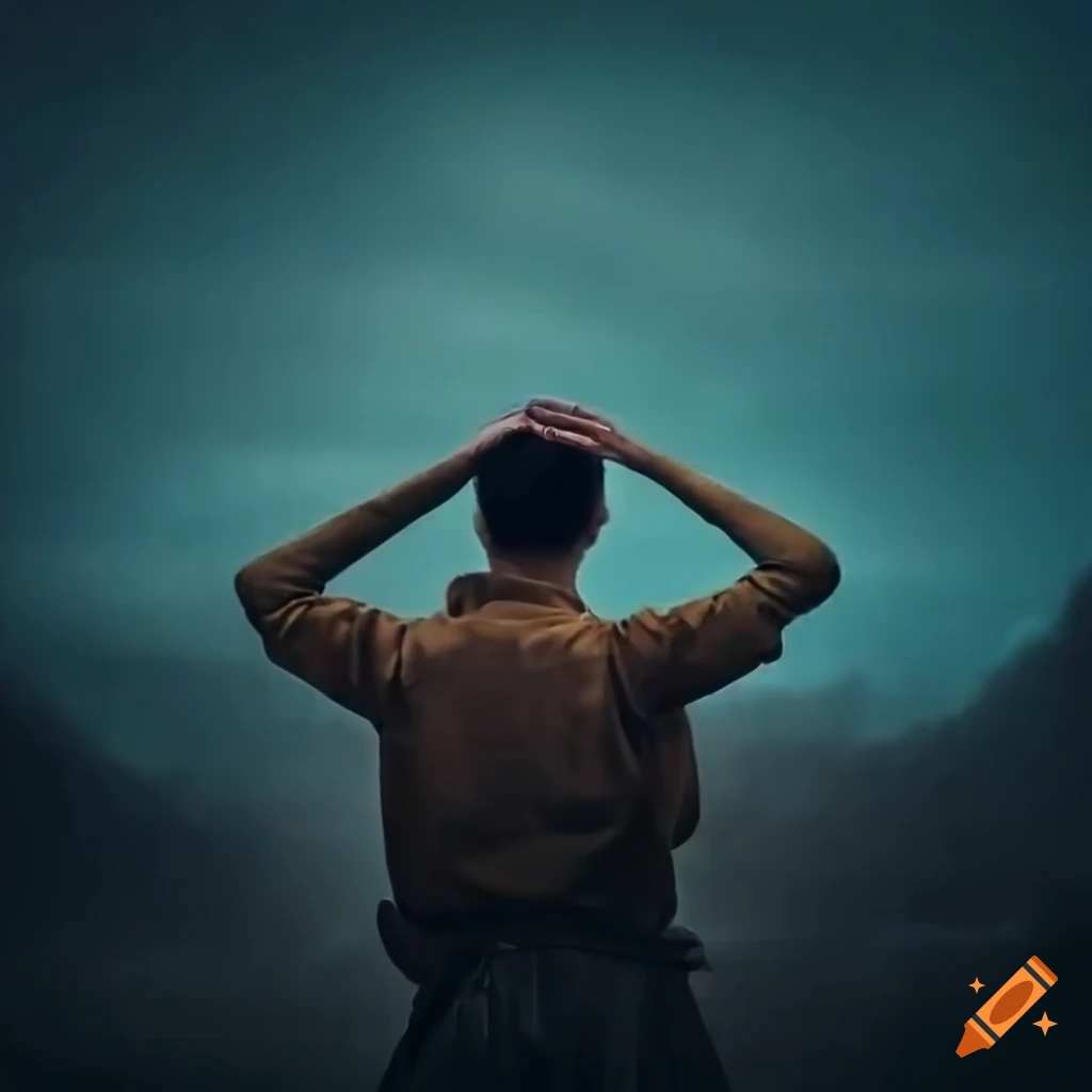 Young man in shabby clothes raising hands in a somber setting on Craiyon