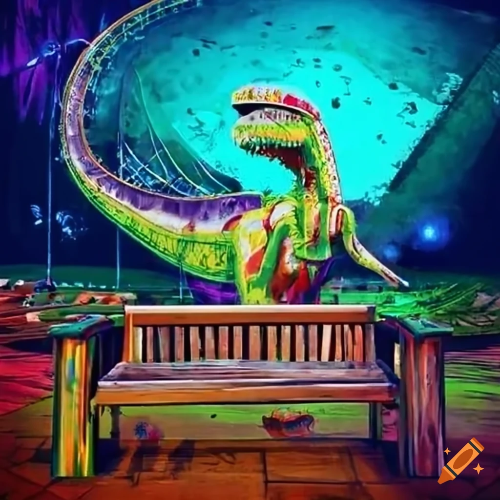 Collage of baseball diamond, dinosaur, roller coaster, park bench, and ...