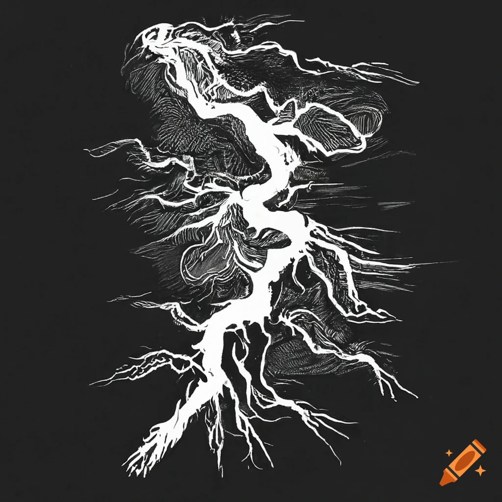 Black and white ink drawing of thunder and lightning on a black ...