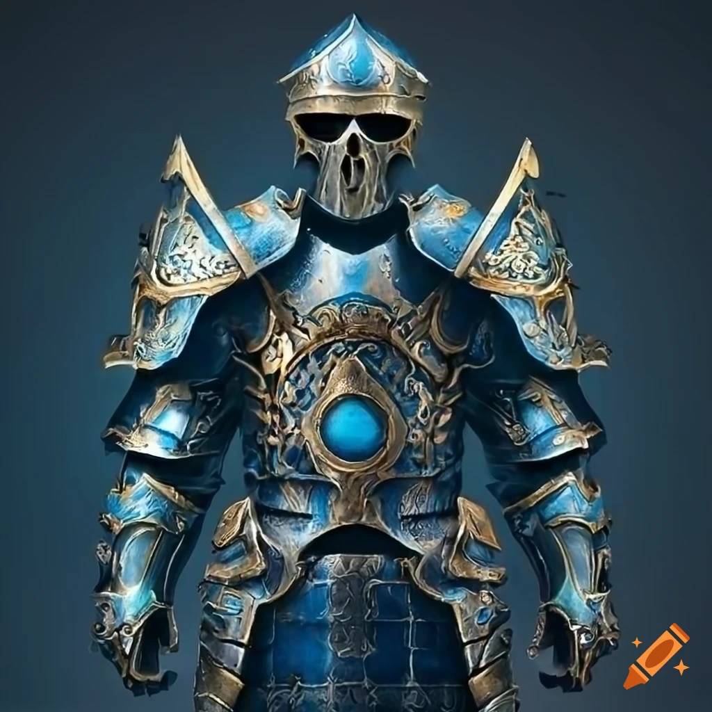 Knight in shining blue armor with gold accents and skull emblem ...