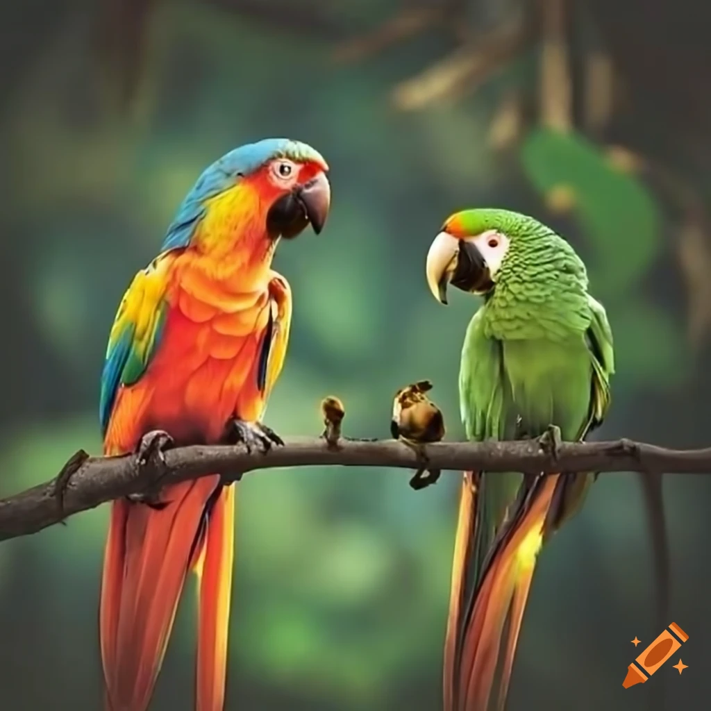 Bee and two parrots in a forest on Craiyon