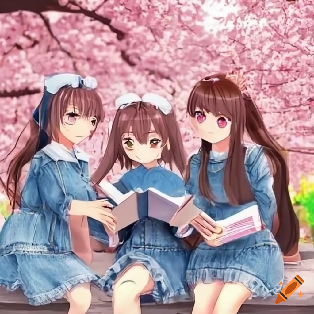 Cheerful anime girls reading books at an outdoor book market under ...