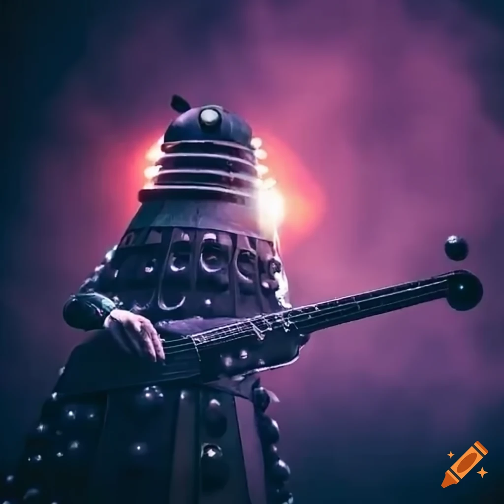 Classic Dr. Who Dalek playing a guitar on a heavy metal concert stage ...