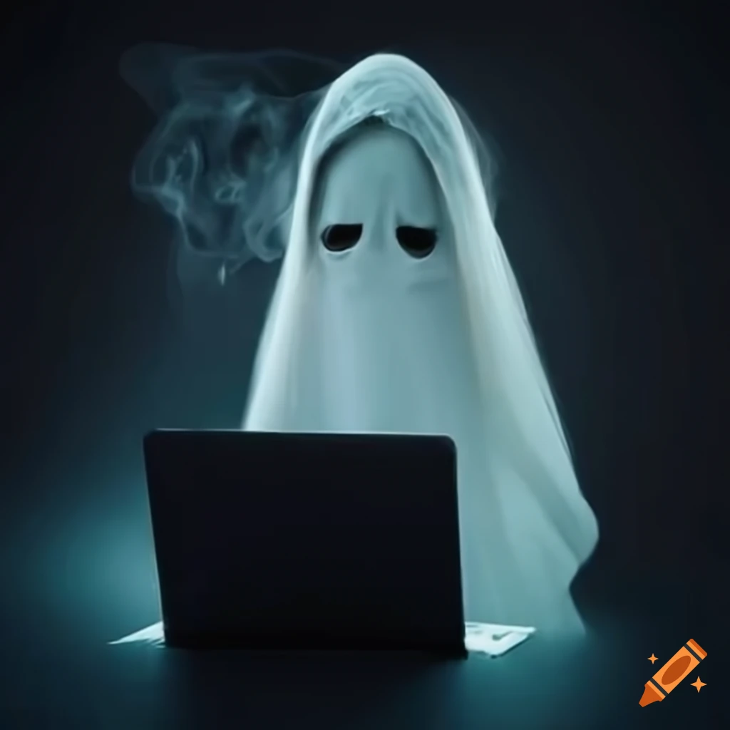 Tired ghost with laptop on Craiyon