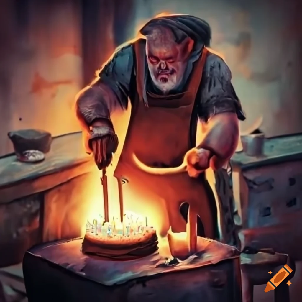 Happy blacksmith crafting a birthday cake in a forge on Craiyon