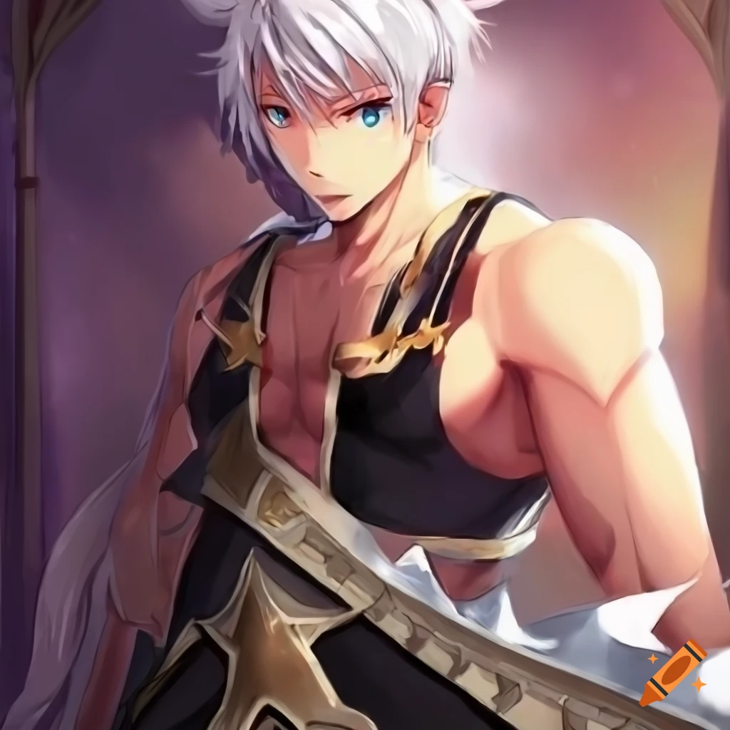 Anime male knight with tan skin and short white hair in skimpy armor on ...