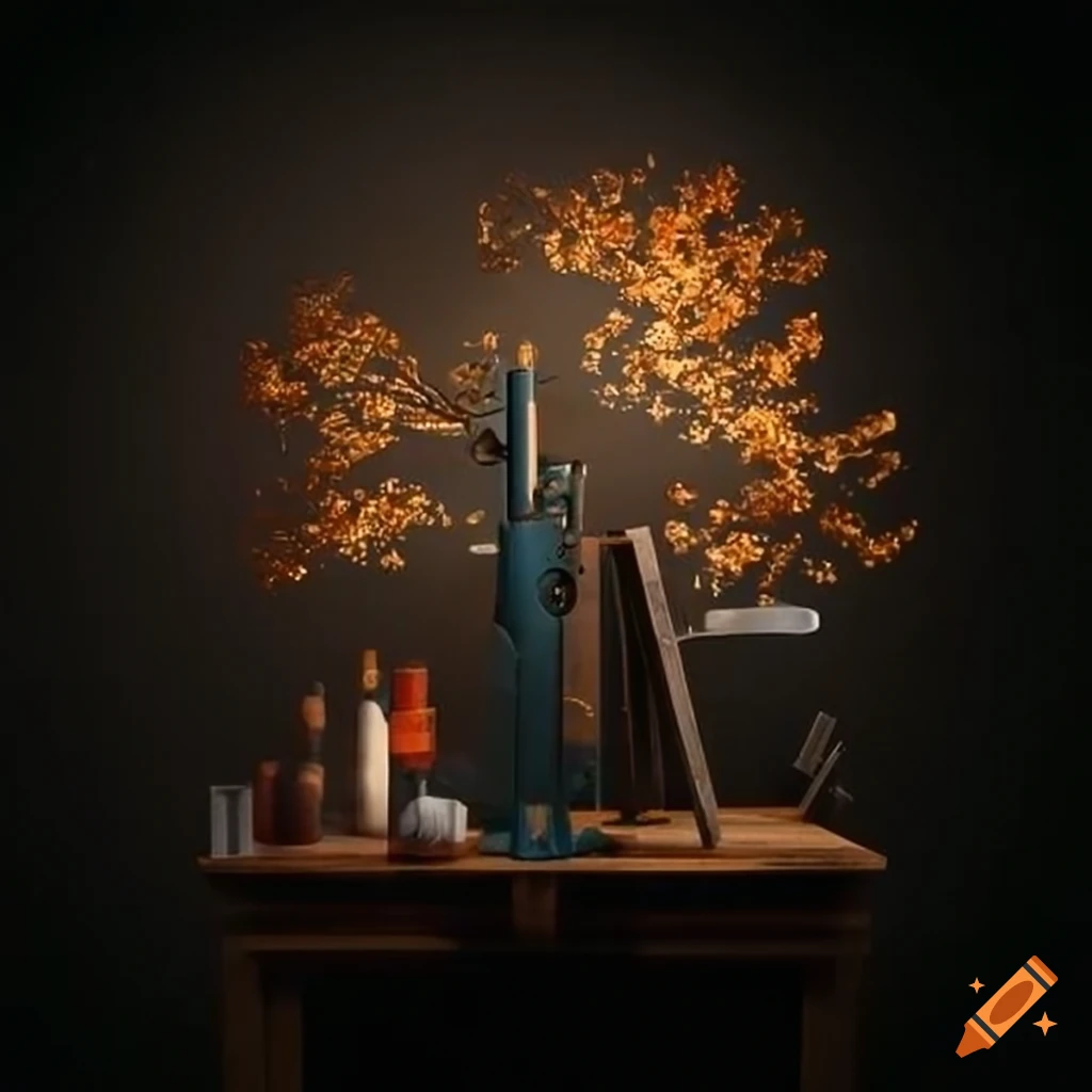 Artistic representation of a laboratory tree with tools and an easel on ...
