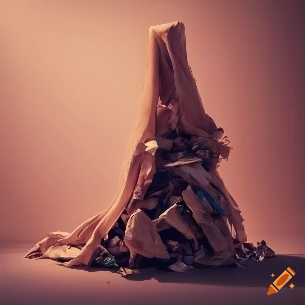 Pile of junk covered with a drapery in a dramatic destroyed landscape ...