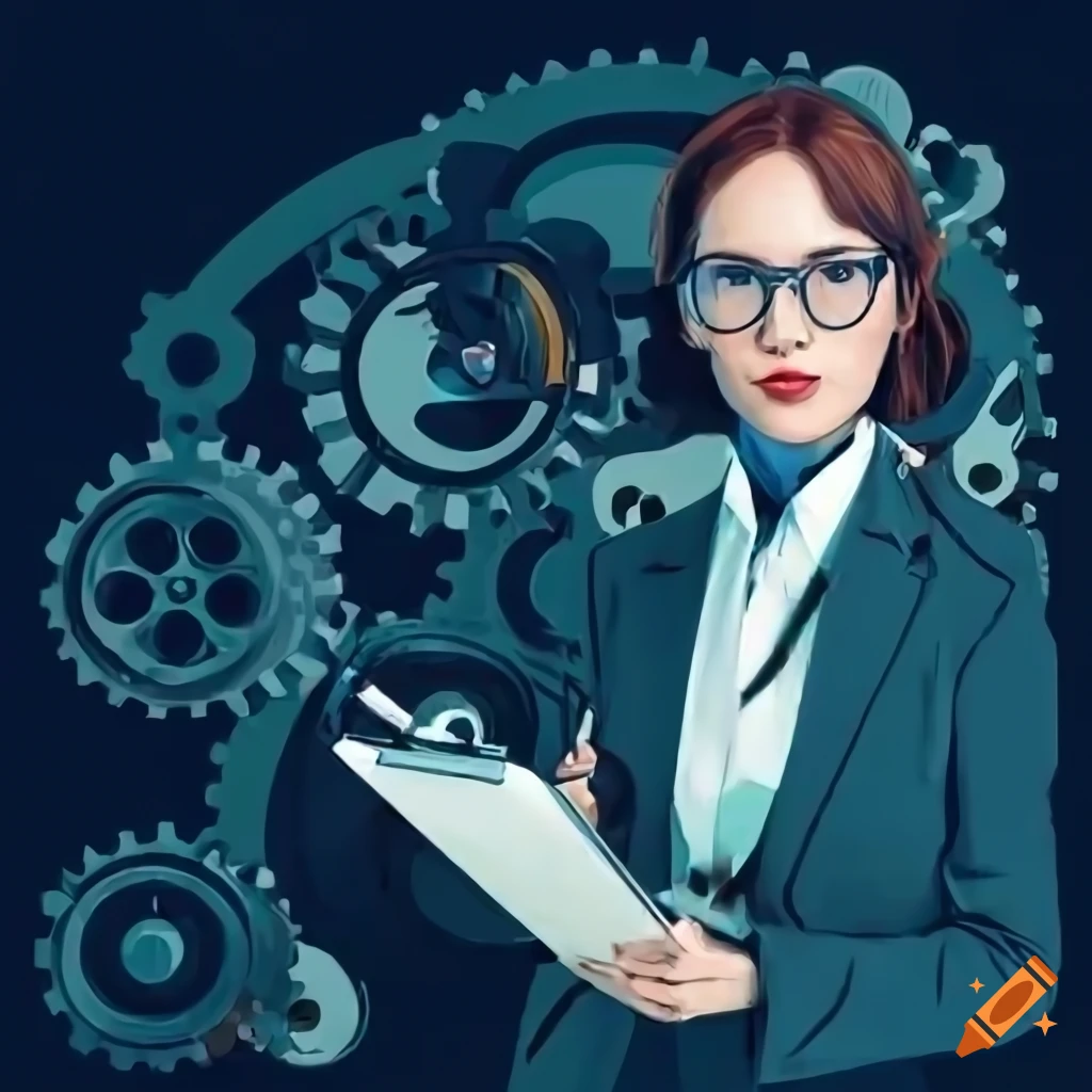 Woman engineer examining a large machine with exposed gears and pulleys on Craiyon