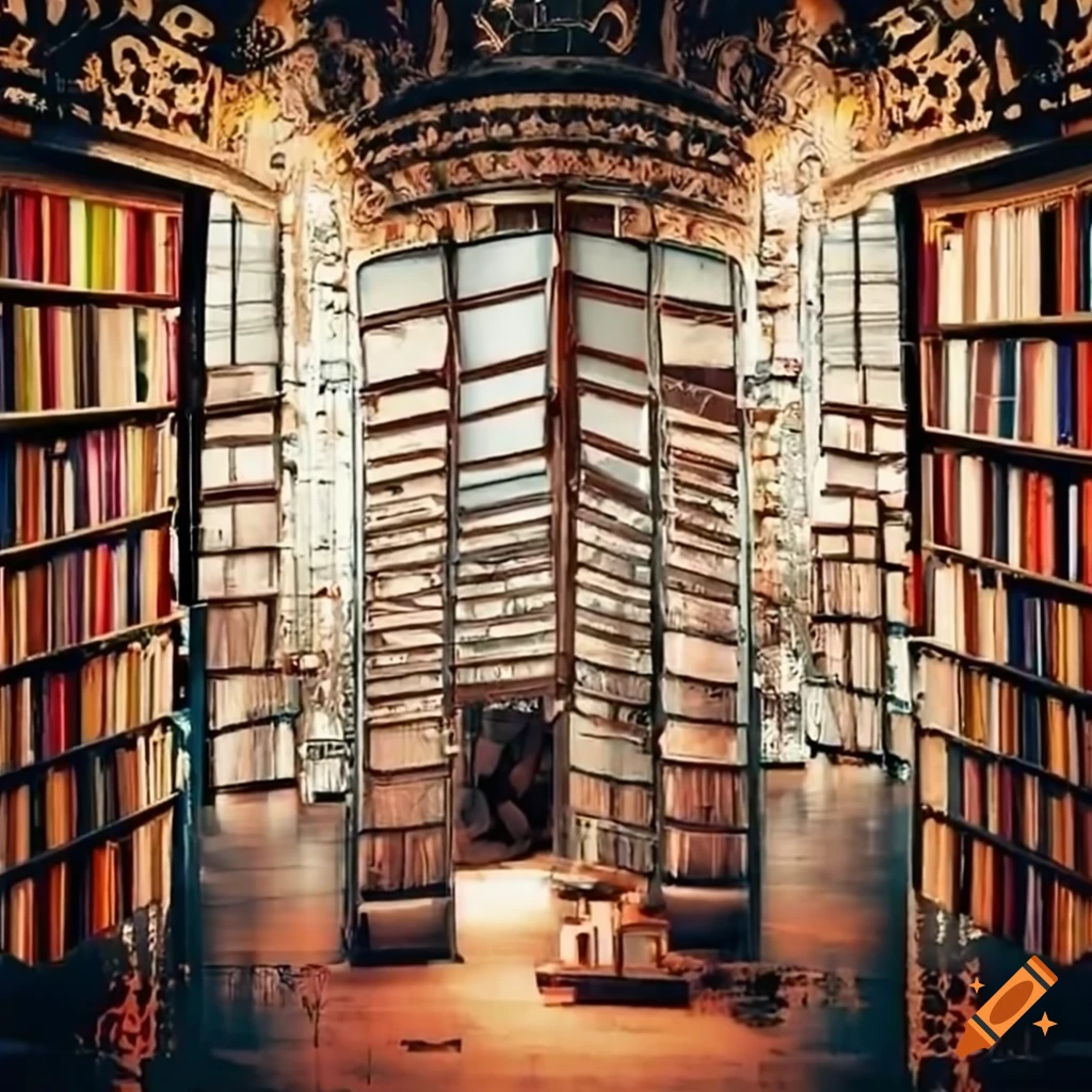 Huge mirror surrounded by books on Craiyon