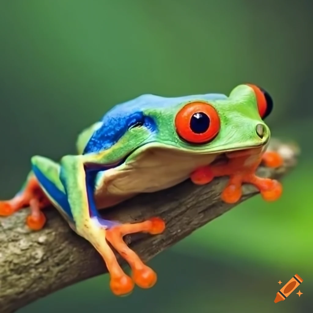 Red-eyed tree frog clinging to a vertical branch on Craiyon