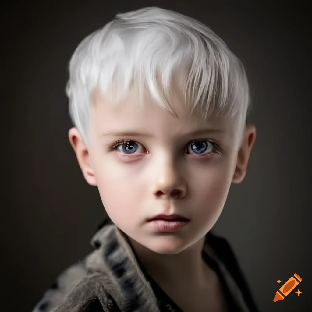 Portrait of a white-haired child with almond-shaped eyes and a ...