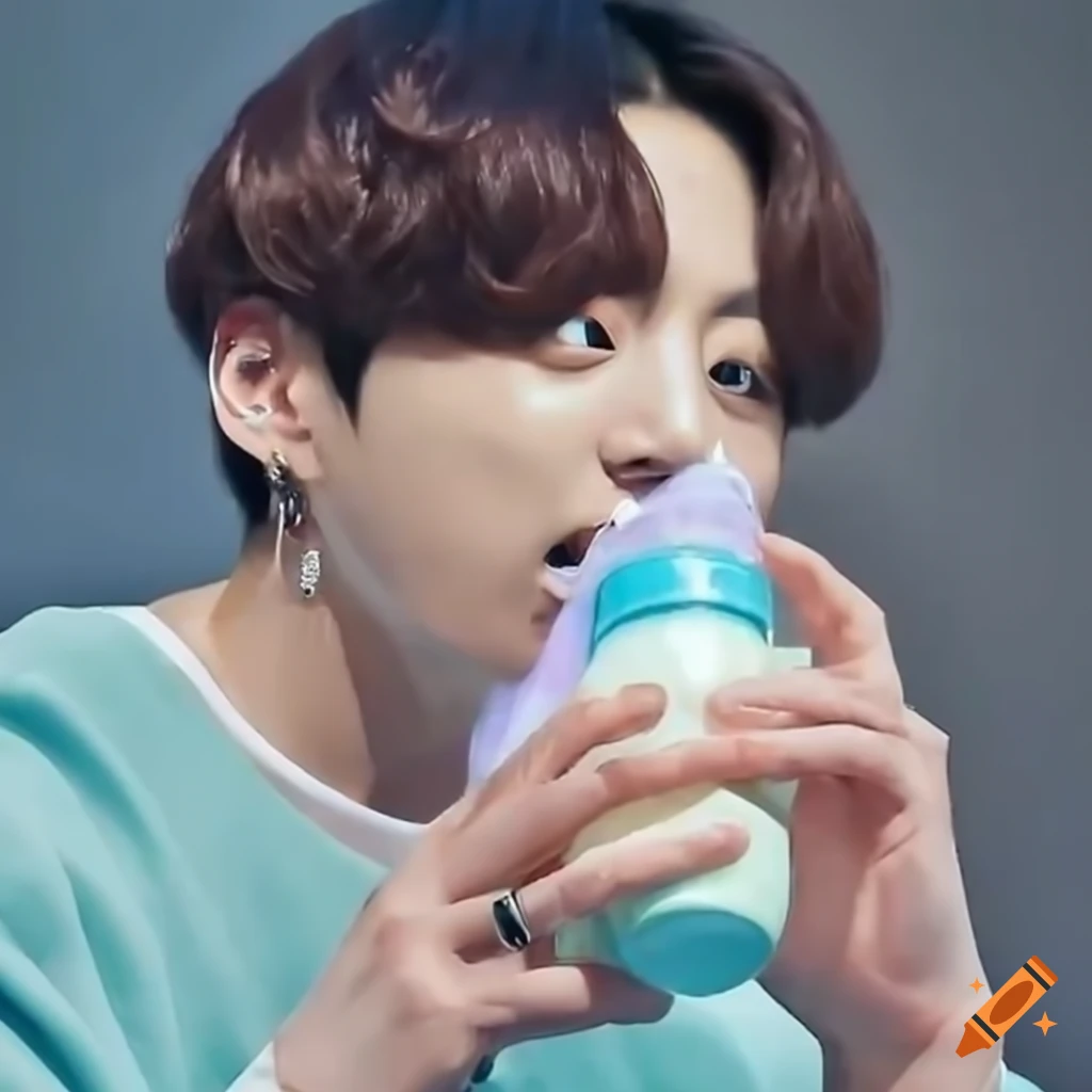 Bts jungkook drinking milk from baby feeder while laying down on Craiyon