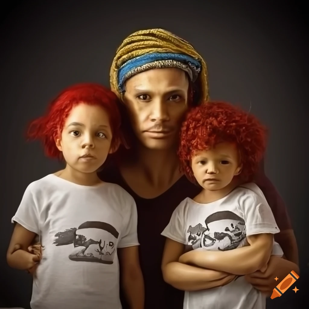 Humanoid alien family with pointed ears and maroon hair wearing t ...