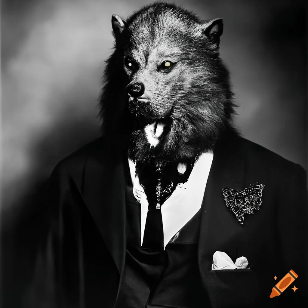 Vintage photo of a wolf man monster in a tuxedo from the 1930s on Craiyon