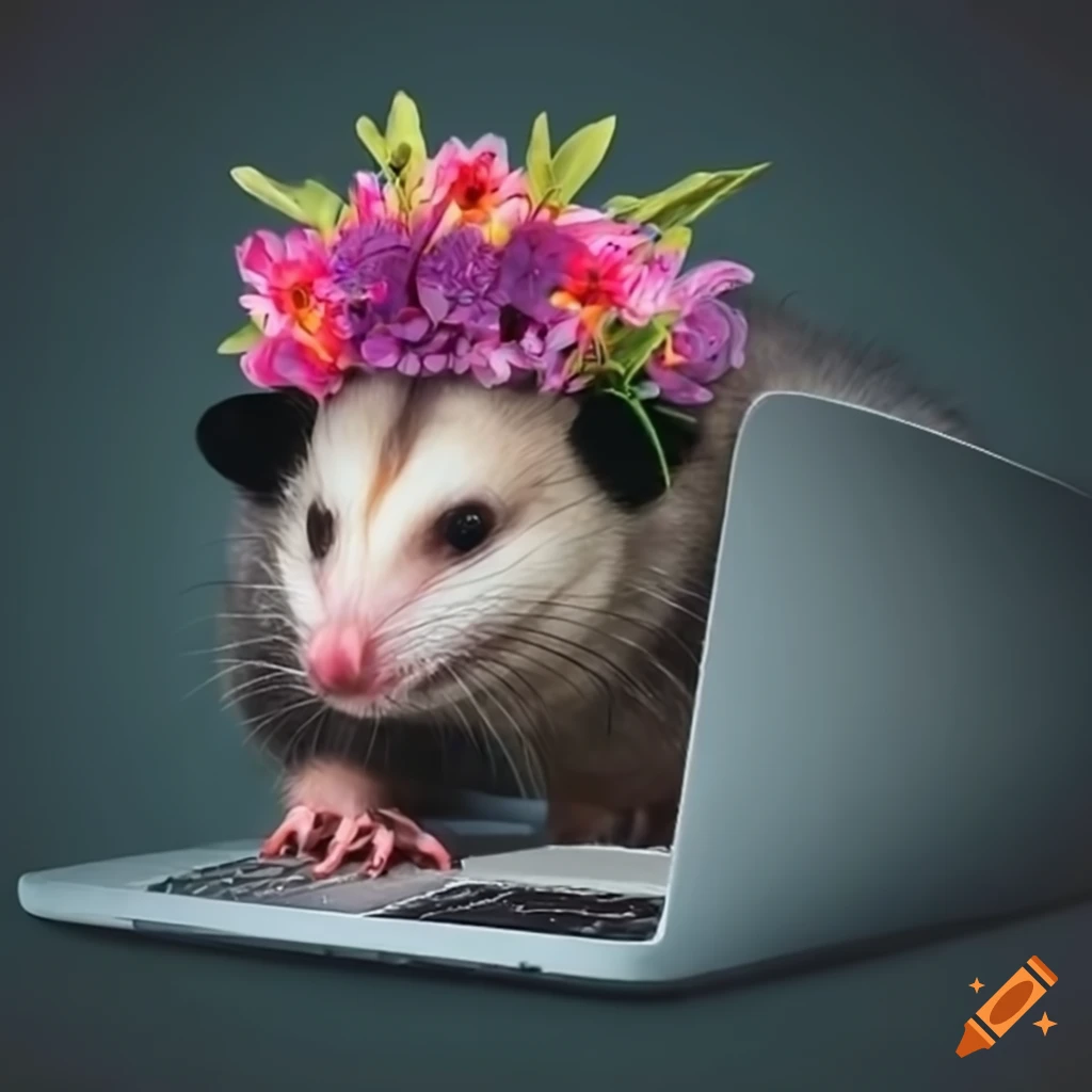 Possum wearing a flower crown on a laptop on Craiyon