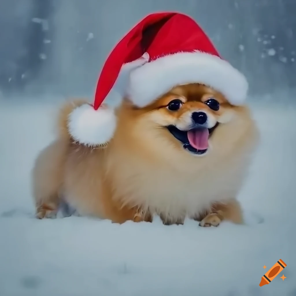 Christmas Pomeranian playing in the snow with a Santa hat on Craiyon