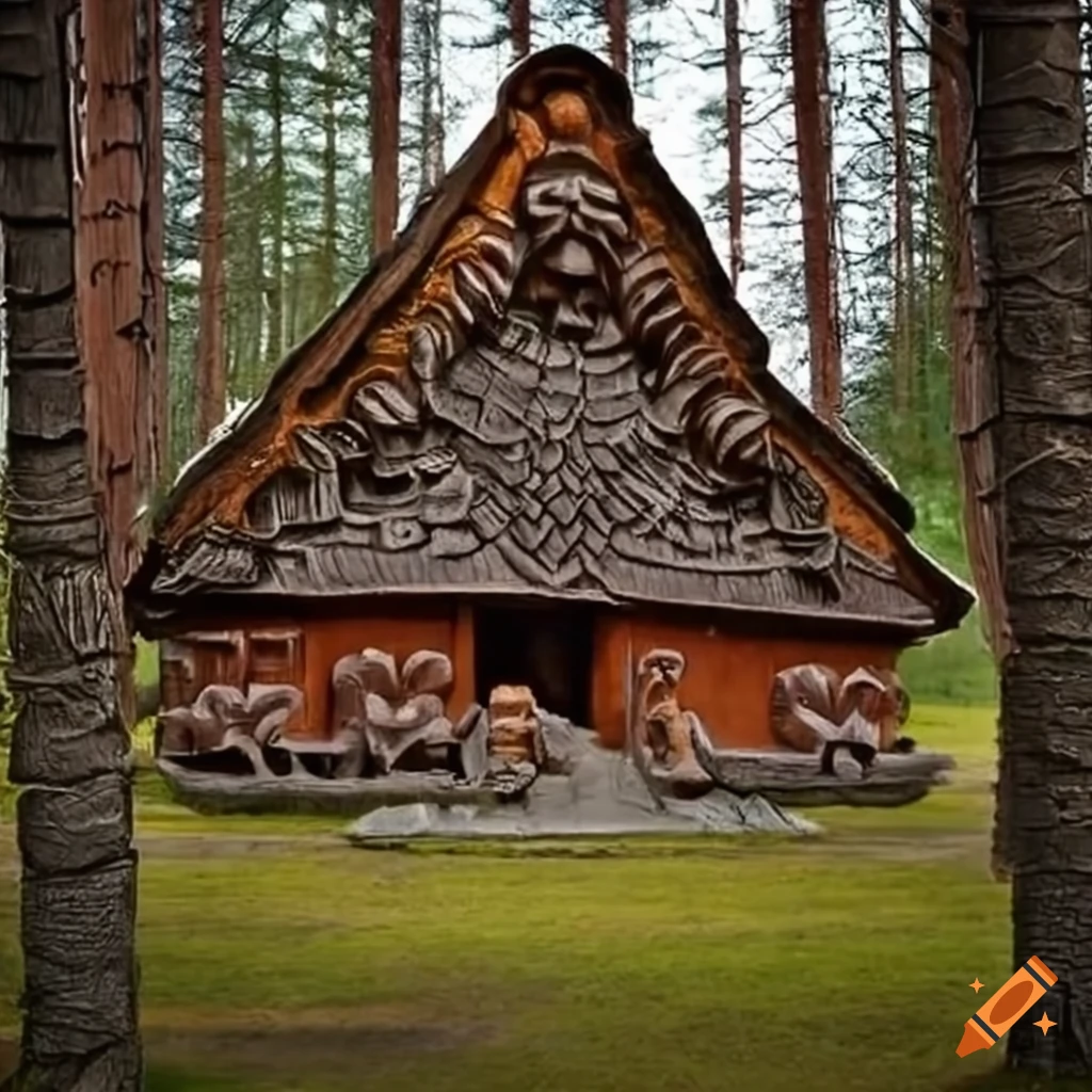 Traditional Siberian Eskimo house with intricate carvings in a pine ...