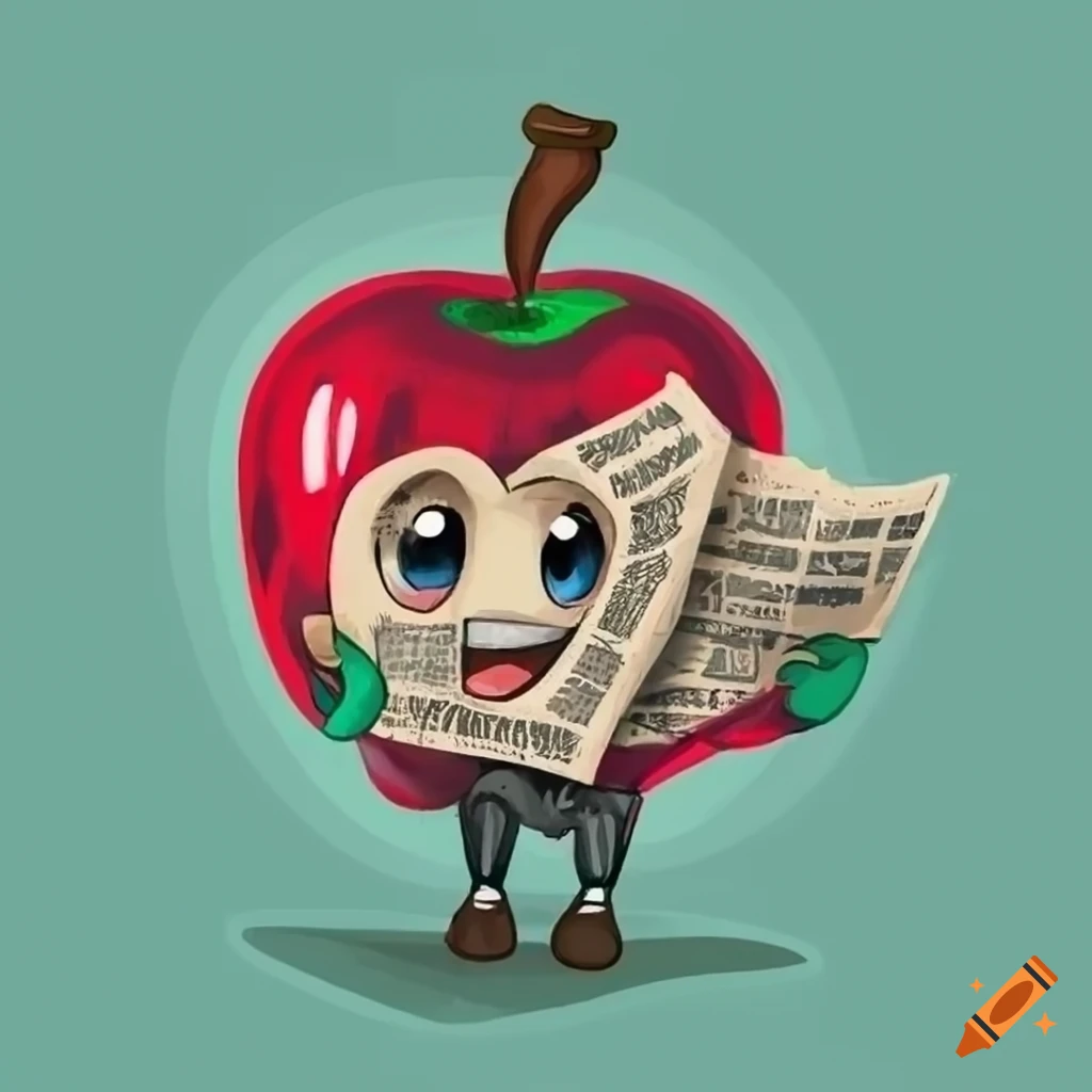 Chibi style apple character holding a vintage newspaper on Craiyon