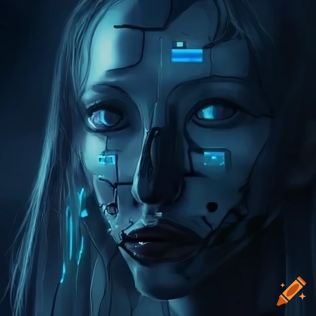 Female cyborg goddess in a dark cyberpunk cityscape on Craiyon