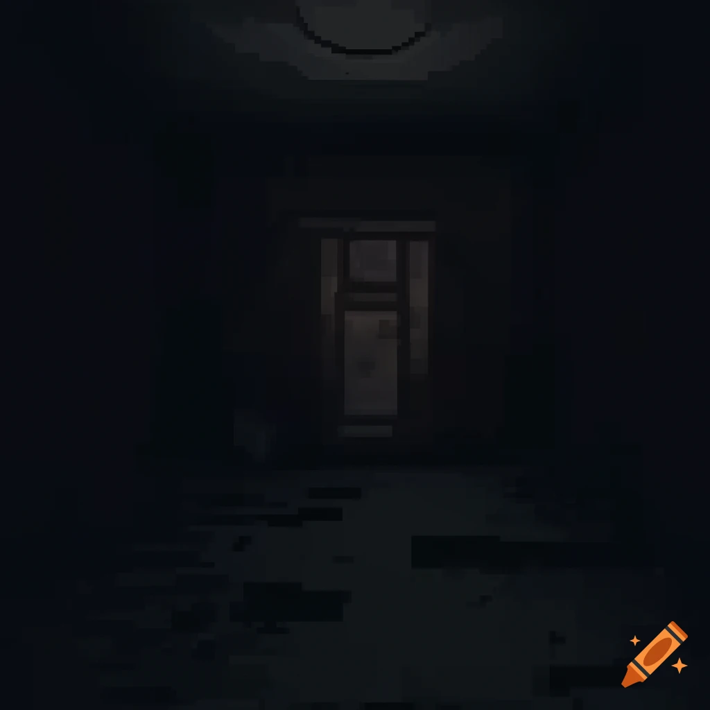 Pixel art of a dimly lit room with a table and you sitting on the other ...