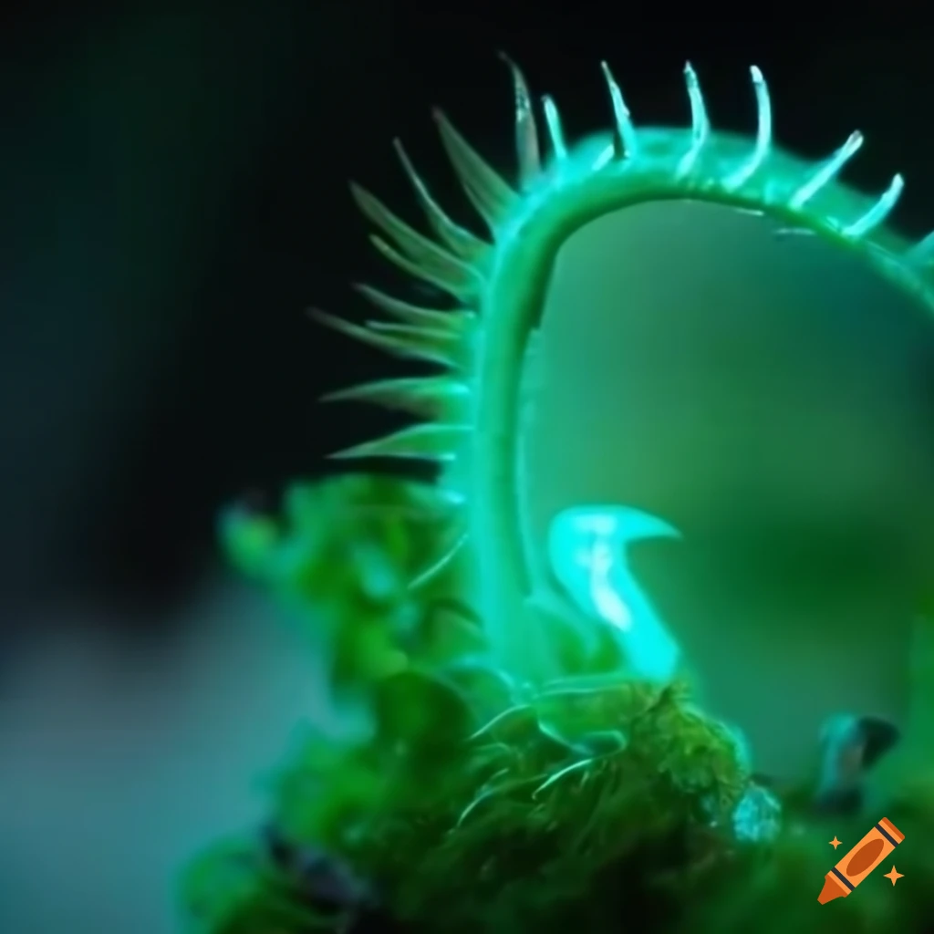 Glowing biopunk Venus flytrap creature in a moss-covered cityscape on Craiyon