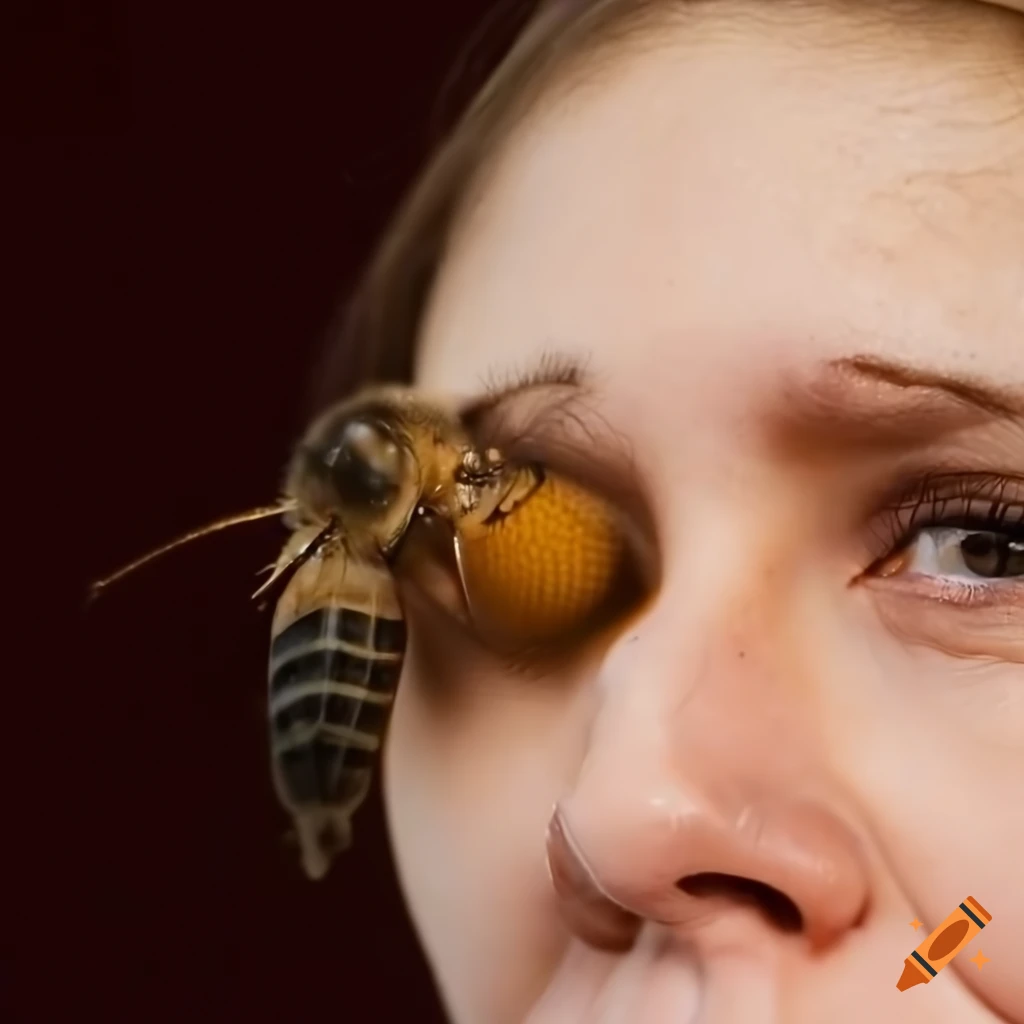 Woman with honeycomb eyes crying honey with bees in her hair looking ...