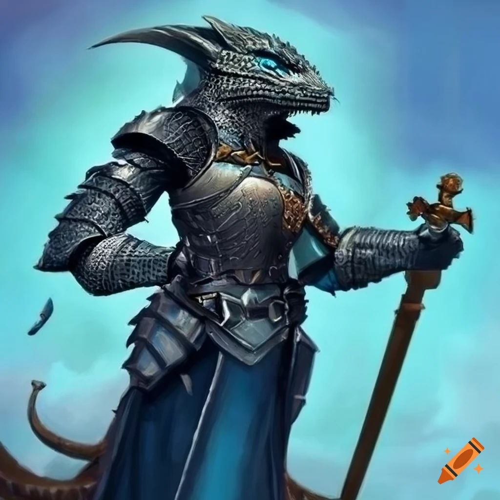 Blue-scaled female reptile dragonborn knight in traditional armor on ...