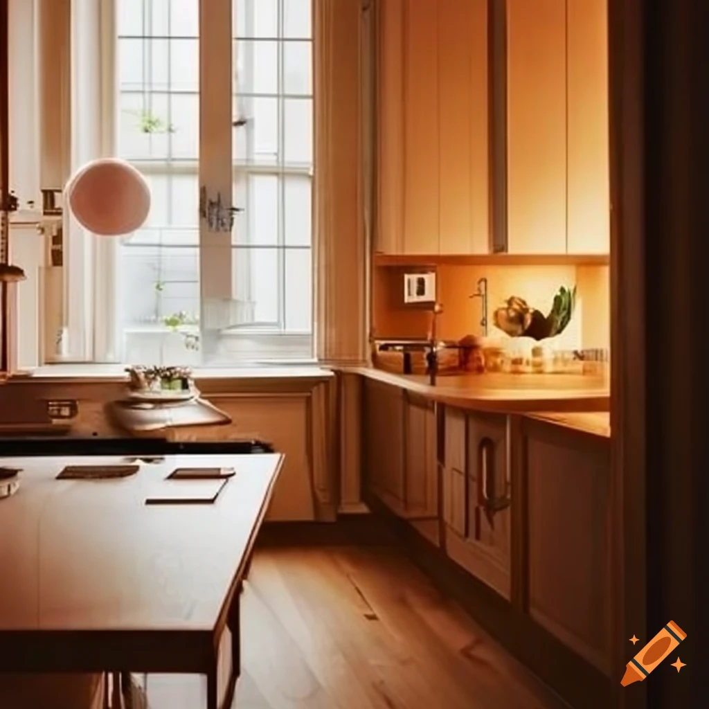 Charming Haussmann apartment kitchen in warm sunset light on Craiyon