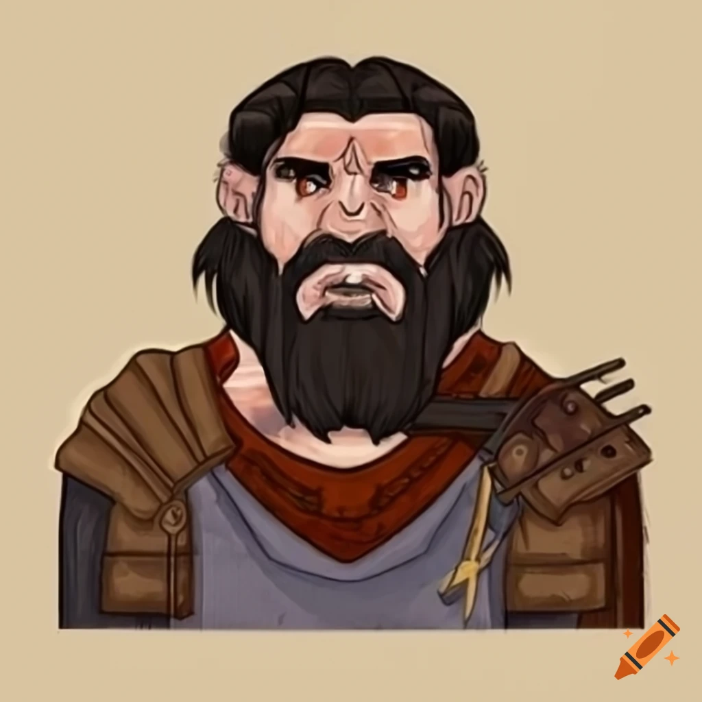 Stoic Goliath character with black hair and gray beard in portrait ...