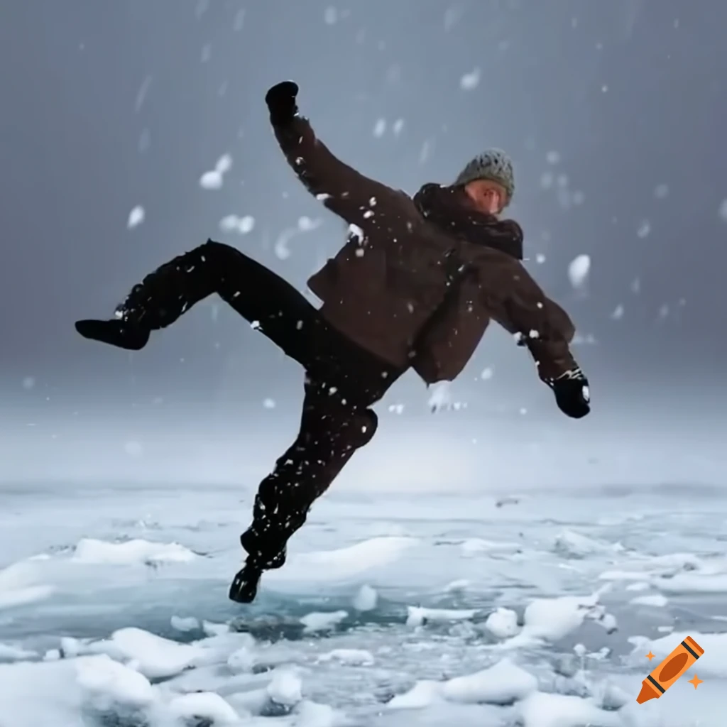 Man slipping and falling on icy surface in winter gear on Craiyon