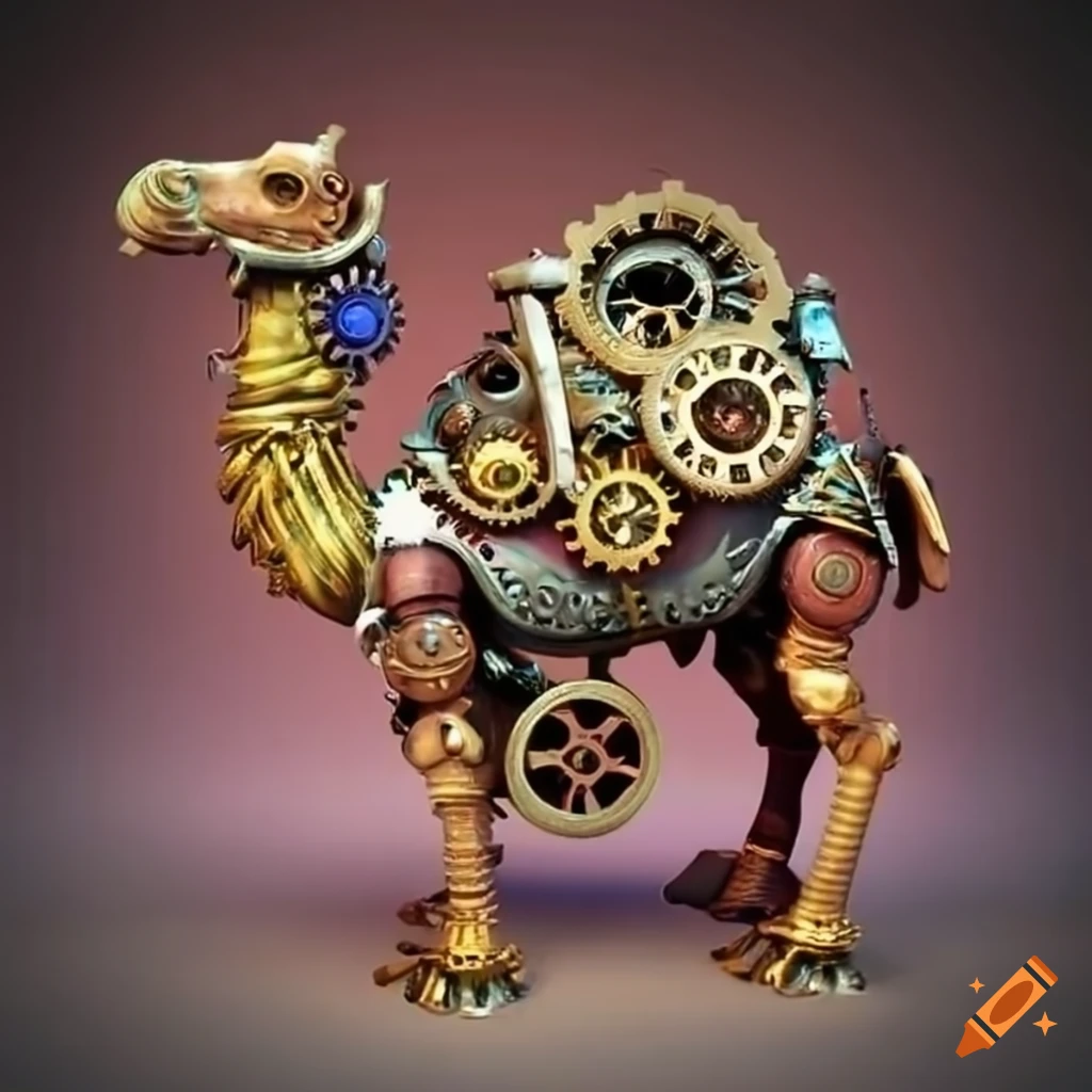 Metallic steampunk camel with gears and pipes on Craiyon