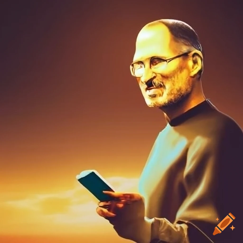 Steve jobs as an angel holding an iphone in a golden sky on Craiyon