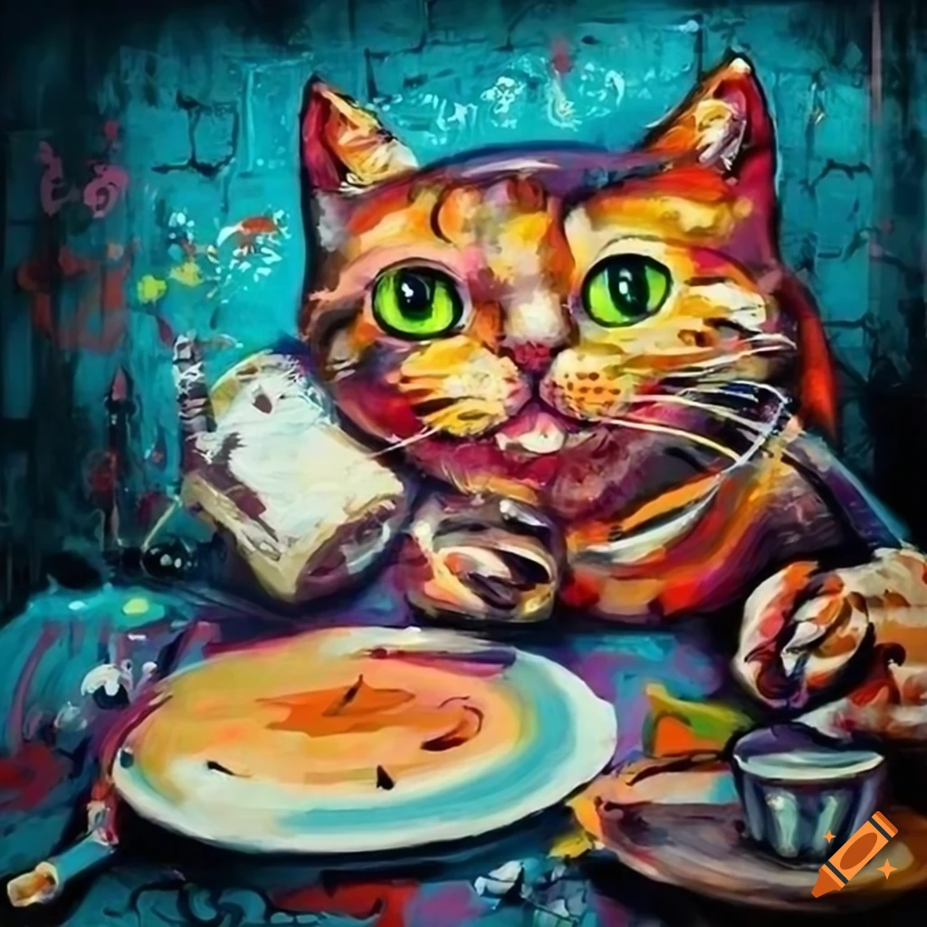 Graffiti canvas painting of cats cooking on Craiyon