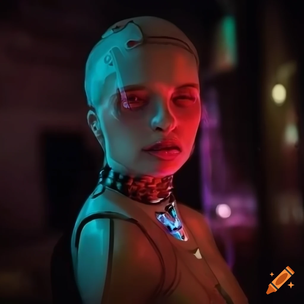 Close-up of a female cyborg goddess in a dark cyberpunk cityscape on ...