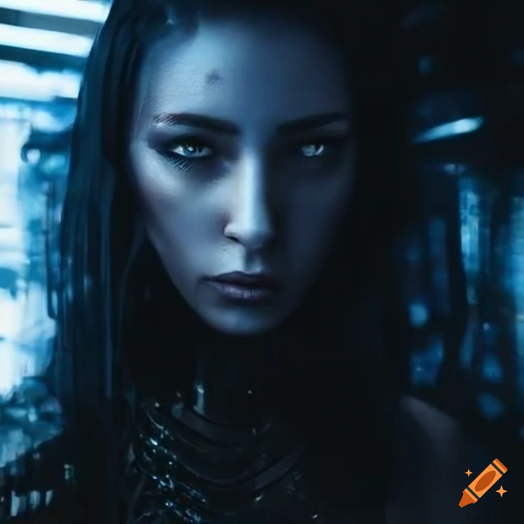 Close-up of a female cyborg goddess in a dark cyberpunk cityscape on ...