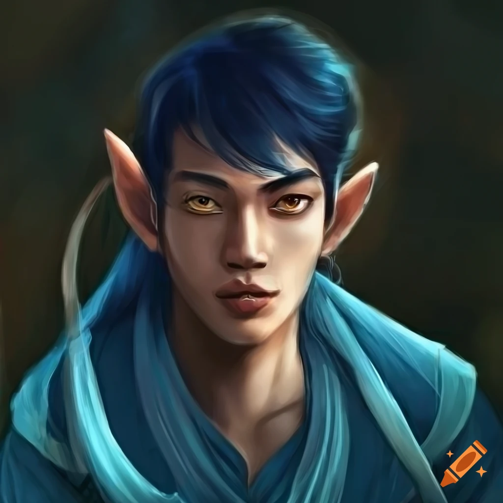 Ethereal portrait of a handsome filipino half-elf man with a lute in a ...