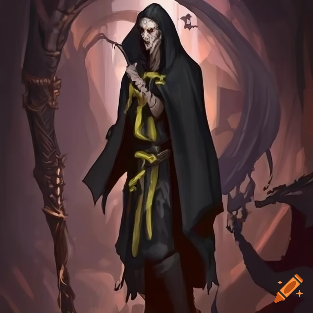 Human male wizard character in black robes with skeleton wand on Craiyon