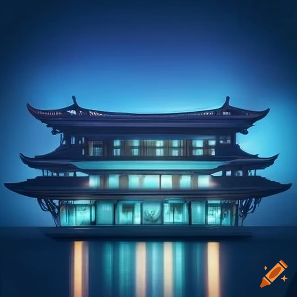 Futuristic asian-inspired architecture with glowing accents on Craiyon