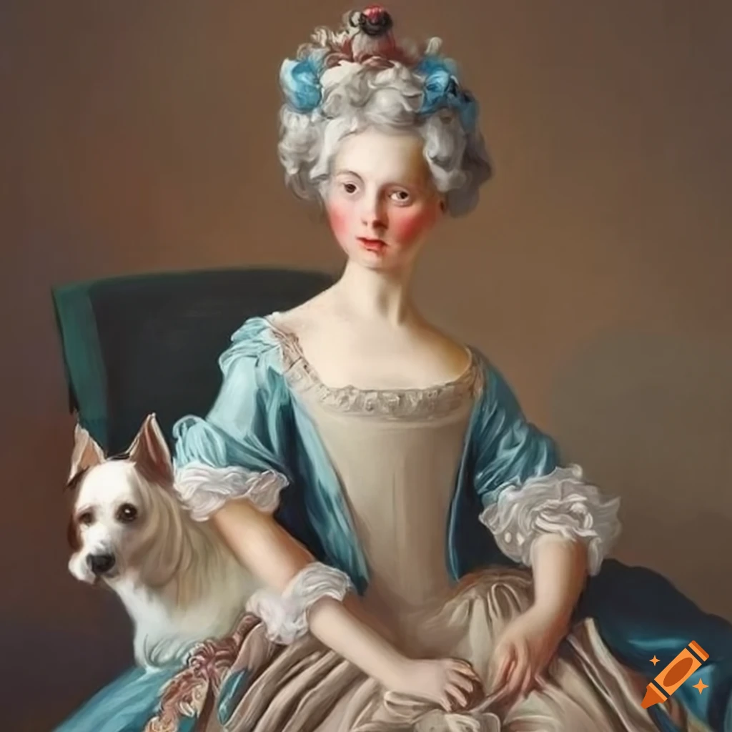Rococo painting of young woman with white dog on Craiyon