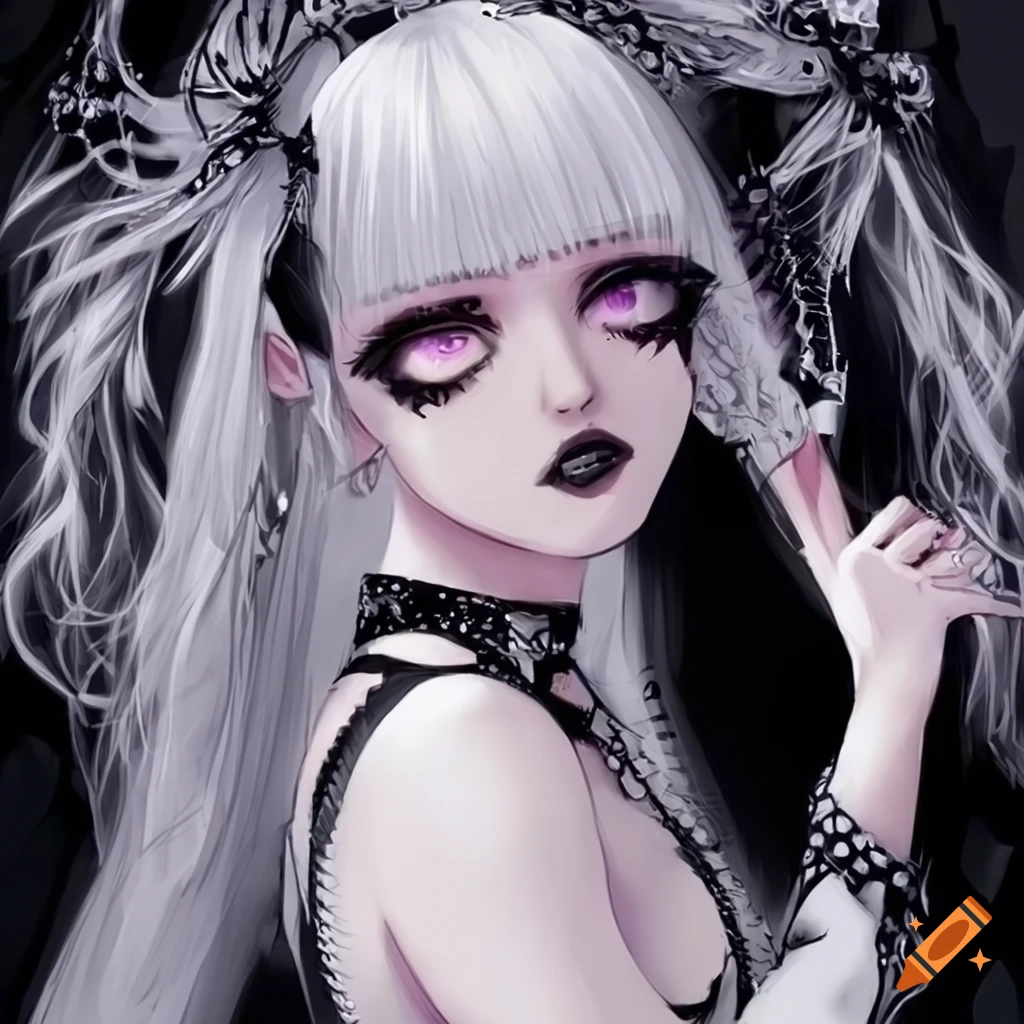 Goth anime woman in white dress and black boots on Craiyon