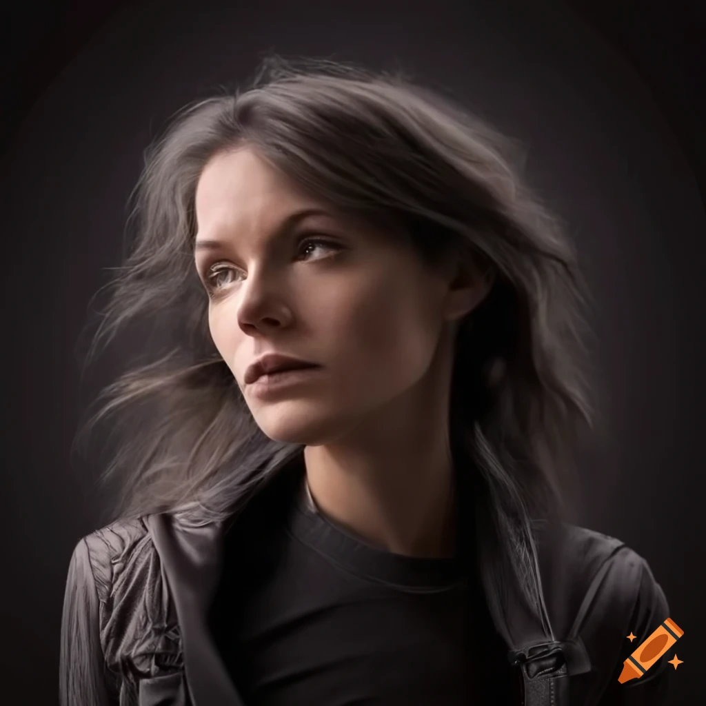 32-year-old American woman with dark messy hair in a dark sports jacket ...